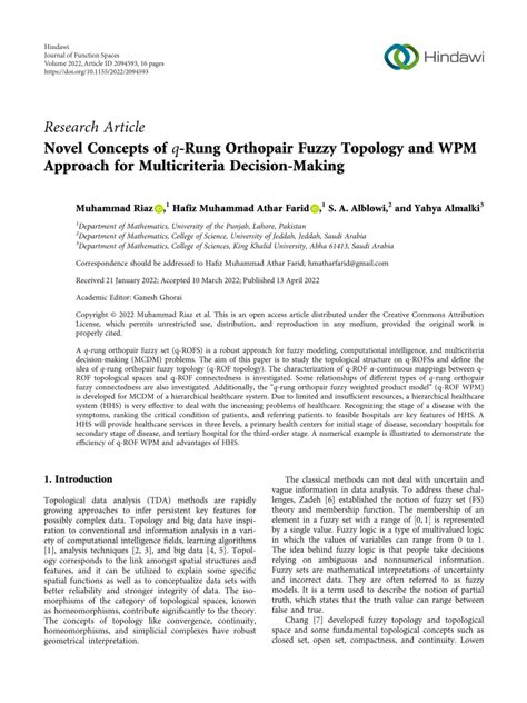 Pdf Novel Concepts Of Q Rung Orthopair Fuzzy Topology And Wpm