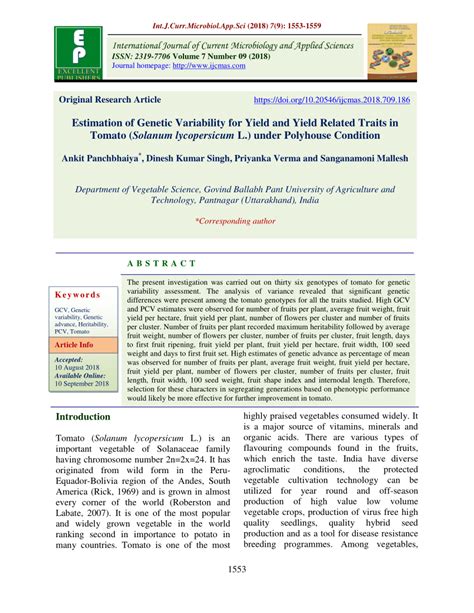 Pdf Estimation Of Genetic Variability For Yield And Yield Related Traits In Tomato Solanum