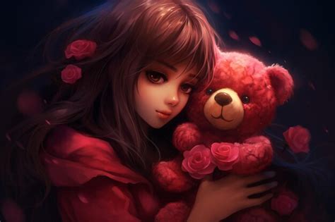 Premium Photo Anime Girl Holding A Teddy Bear In Her Arms