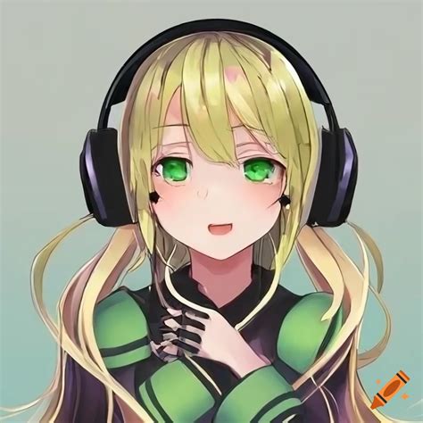 Anime Girl With Green Eyes And Blonde Hair Wearing Headphones On Craiyon