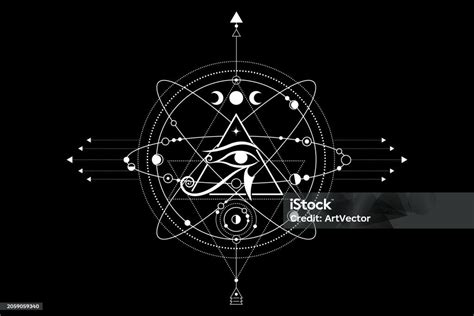 호루스의 눈 디자인 이집트 피라미드 제 3의 눈 우주 상징 행성의 궤도 달계의 고대 상징 흰색 벡터는 검은 배경에 고립되어 있습니다 프린트 포스터 티셔츠 드로잉에 대한 스톡