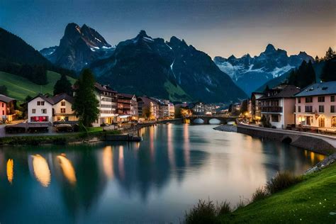 Photo Wallpaper The Sky Mountains River Town Switzerland The Alps