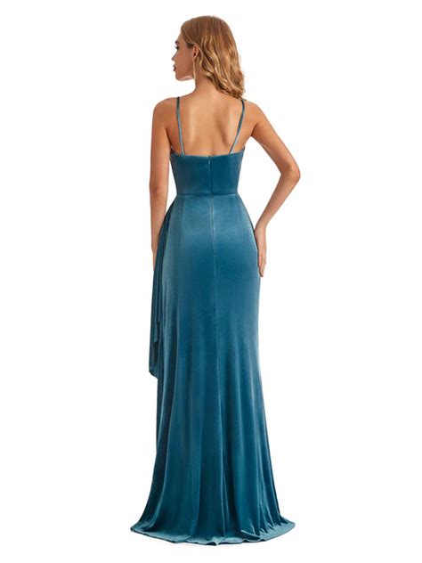 Sexy Mermaid Spaghetti Straps V Neck Backless Velvet Side Slit Long