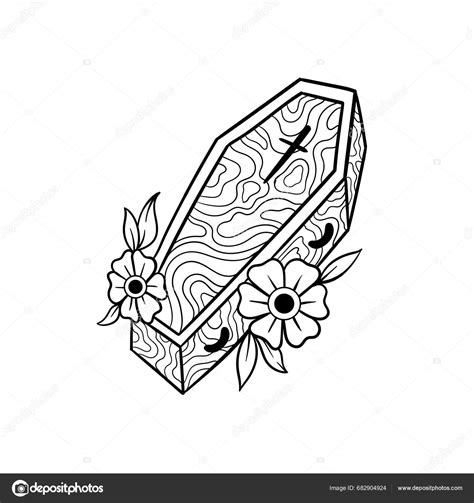 Hand Drawn Illustration Traditional Coffin Tattoo Outline Stock Vector