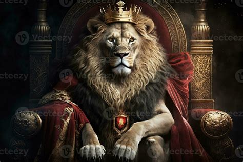 Royal Lion Wearing A Gold Crown And Red Cloak Sitting On A Golden And