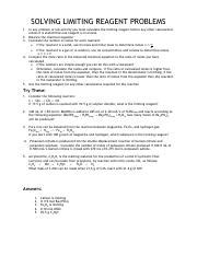 LIMITING REACTANT Pdf SOLVING LIMITING REAGENT PROBLEMS 1 In Any Problem Or Lab Activity You