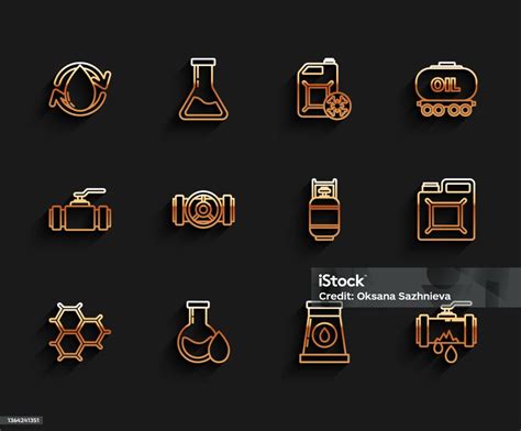 벤젠 링 누출 물이 있는 깨진 금속 파이프 산업 금속 파이프 밸브 캐니스터 가솔린 및 프로판 탱크 아이콘으로 구성된 세트 라인 화학 포뮬러 벡터 가연성에 대한 스톡 벡터