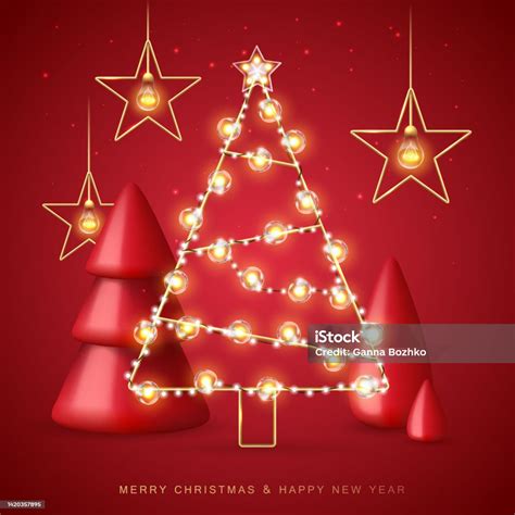 현실적인 3d 플라스틱 크리스마스 트리와 크리스마스 휴가 배경 메리 크리스마스와 새해 복 많이 받으세요 인사말 카드 벡터 일러스트 레이 션 3차원 형태에 대한 스톡 벡터