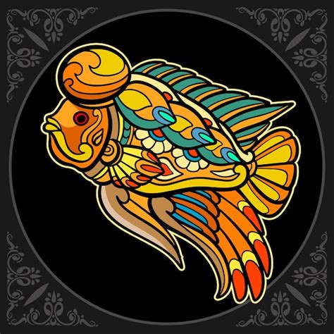 검은 배경에 고립 된 다채로운 꽃 경적 물고기 만다라 예술 프리미엄 벡터