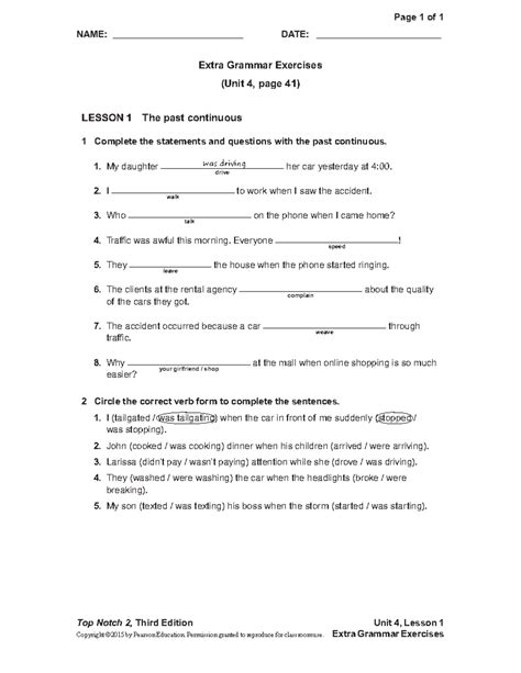 Unit Extra Grammar Exercises Name Date