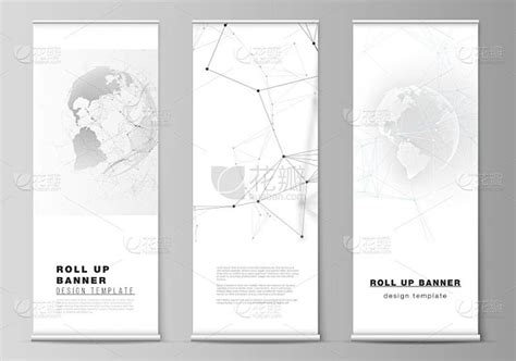 矢量布局的滚动旗帜站，垂直传单，旗帜设计业务模板。未来主义设计，世界地球仪，连线和点。全球网络连接，素材 花瓣网