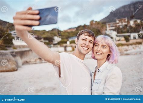 Selfie Love And Couple On The Beach For A Date Travel Memory And