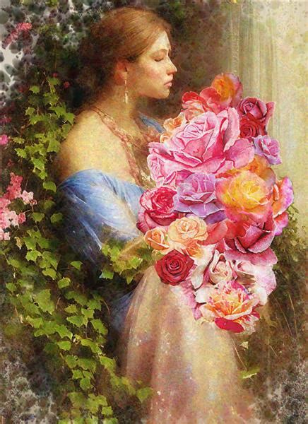 نقاشی دختر زیبای غمگین عاشق با چشمانی بسته در انتظار معشوق با دسته گل زیبا 1644598