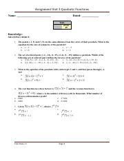 Quadratic Functions Test Pdf Assignment Unit 3 Quadratic Functions Name Dated Total 21 4 25