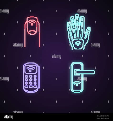 Nfc Technology Neon Light Icons Set Near Field Manicure Hand Implant