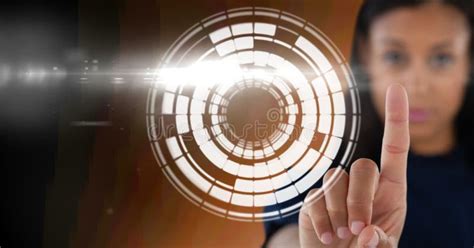 Composition Of Businesswoman Touching Screen With Scope Scanning Stock