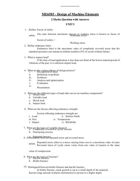 design of machine elements 2 marks with answer