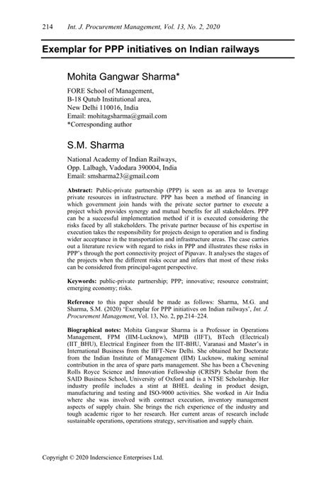 Pdf Exemplar For Ppp Initiatives On Indian Railways
