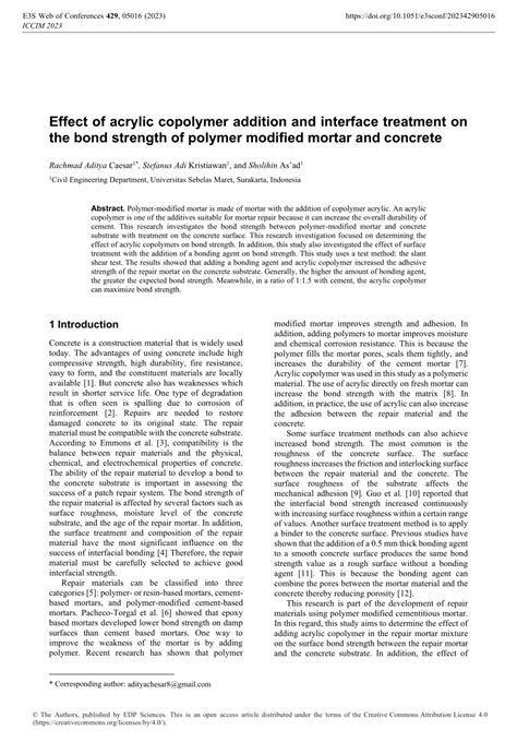 Pdf Effect Of Acrylic Copolymer Addition And Interface Treatment On The Bond Strength Of