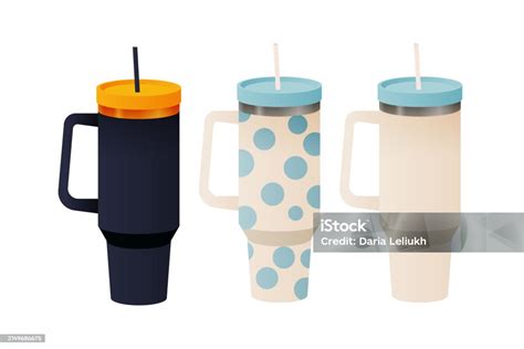 흰색 배경에 격리된 재사용 가능한 스테인리스 스틸 컵의 변형입니다 블랙 점선 베이지색의 단열 음료 용기 컵 현대 벡터 평면