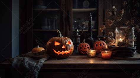 으스스한 할로윈 장식 테이블 배경 위의 잭 오 랜턴과 양초 테이블 배경 랜턴 배경 시간 배경 이미지 Hd 테이블 랜턴 시간 배경 사진 무료 다운로드 Lovepik