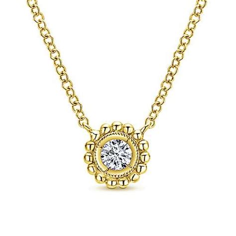 14k Yellow Gold Beaded Round Bezel Set Diamond Pendant Necklace Paul