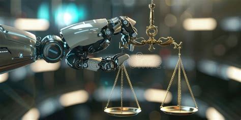 Futuristic Ai Robot Hand Holding And Balancing Justice Scales In Modern