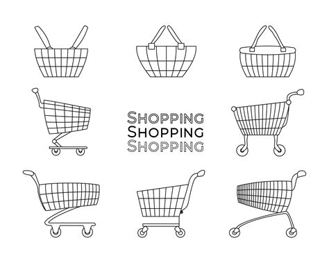 Set Of Simple Outline Doodle Shopping Baskets And Shopping Carts