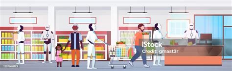 로봇과 사람들이 로봇 계산원 인공 지능 기술 개념 현대 슈퍼마켓 식료품 점 내부 전체 길이 수평에 줄 대기열을 서 슈퍼마켓에 대한 스톡 벡터 아트 및 기타 이미지 Istock