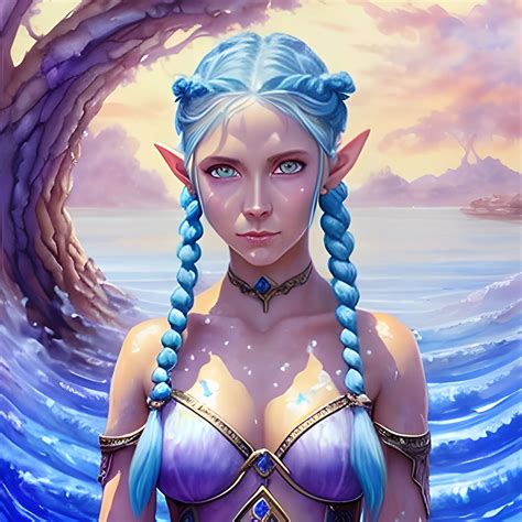 Water Female Elf With Light Blue Skin Purple Eyes Blue Braided Hair