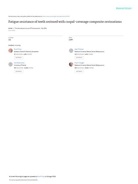 Fatigue Resistance Of Teeth Restored With Cuspal Coverage Composite Restorations Pdf Dental