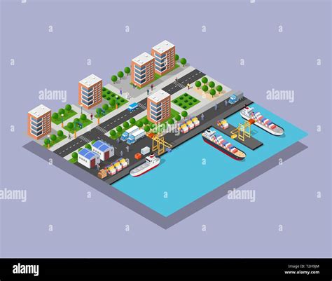 Isometric Port Cargo Ship Cargo Seaport At Sea With Crane Container
