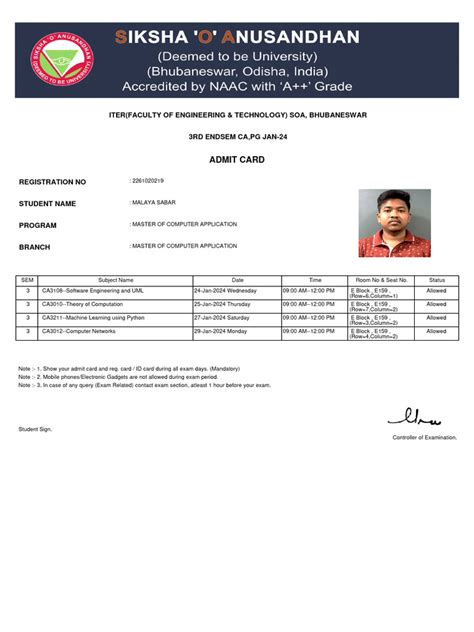 Admit Card Iter Faculty Of Engineering And Technology Soa Bhubaneswar