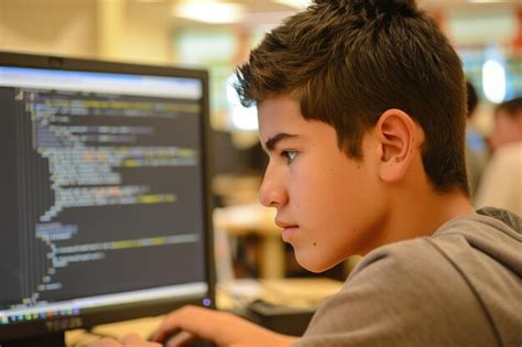 A Boy Is Using A Computer With Programming Code On The Screen Premium
