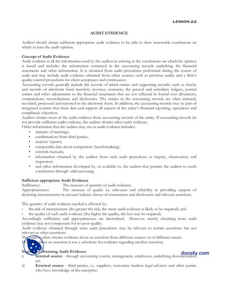 Audit Evidence Fundamentals Of Auditing Lecture Notes Docsity