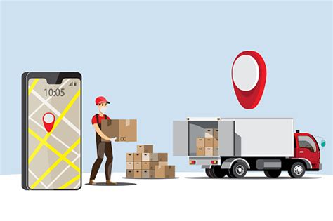 큰 고립 된 차량 벡터 다채로운 아이콘 Gps 추적 위치를 통해 밴에 의한 배달의 평면 삽화 배달 차량 상품 및 음식 배달 즉시