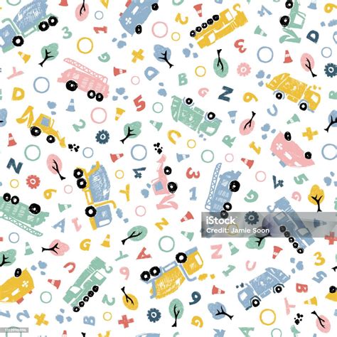 벡터 화이트 파스텔 펜 스케이치 낙서 귀여운 시멘트 트럭은 알파벳 원활한 패턴으로 차량을 수송합니다 직물 선물 랩 및 벽지에 적합합니다 0명에 대한 스톡 벡터 아트 및 기타