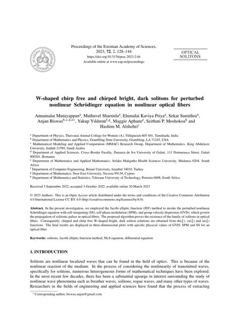 Pdf W Shaped Chirp Free And Chirped Bright Dark Solitons For Perturbed Nonlinear Schrödinger