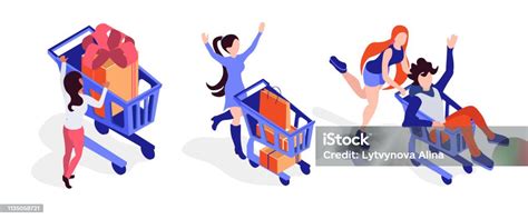 쇼핑 가방과 손수레를 가진 아이소메트릭 행복 한 사람들 카트를 바라보는 소녀 구매 및 상자 장바구니와 함께 실행 하는 커플 흰색 배경에 그림 3차원 형태에 대한 스톡 벡터