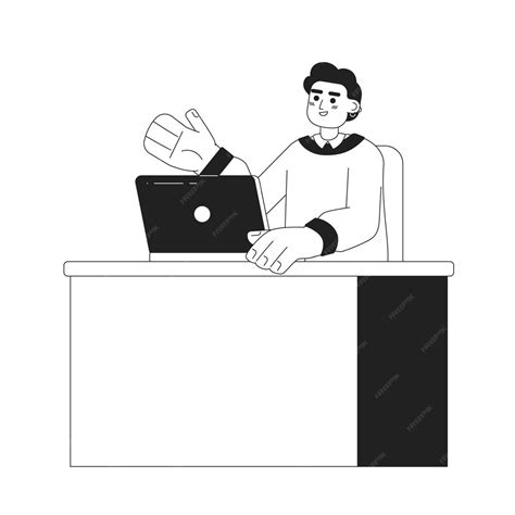 노트북 2d 벡터 흑백 격리된 지점 그림 근처의 행복한 아프리카계 미국인 작업자 Ofice 작업자 흰색 배경 편집 가능한 개요 만화 장면에 평평한 손으로 그린 문자