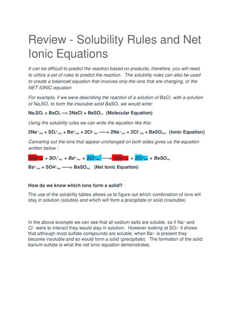 Review Solubility Rules And Net Ionic Equations Lecture Notes