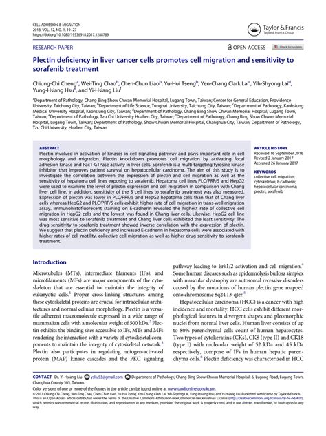 Pdf Plectin Deficiency In Liver Cancer Cells Promotes Cell Migration