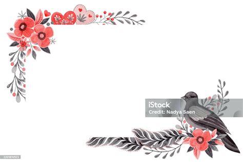 꽃과 복사 공간이있는 직사각형 프레임은 민속 스타일입니다 청첩장을 위한 빨간색과 회색 색상의 양식화된 그림 손으로 그린 구도는 로맨틱하고 사랑스러운 디자인에 적합합니다 0