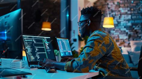 Focused Programmer Working On Multiple Monitors In A Modern Tech Workspace Premium Ai