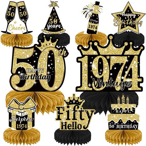 9pcs Black Gold 50th Birthday Decorations Honeycomb