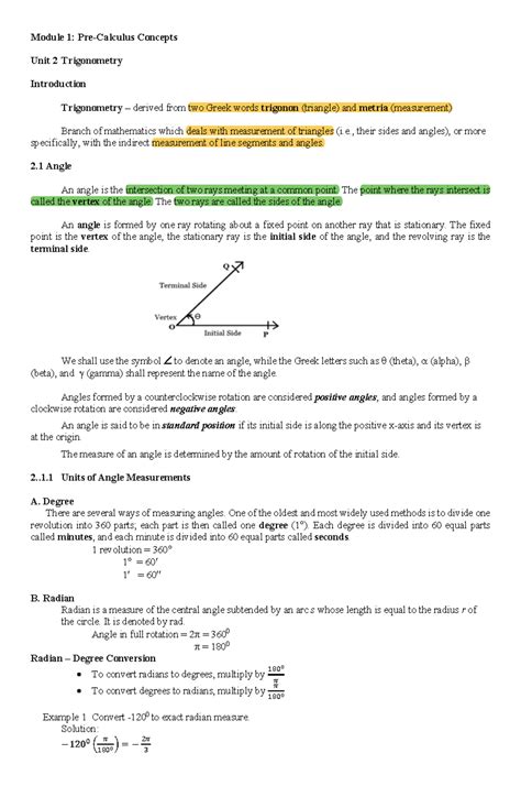 Limits Module Pre Calculus Concepts Unit Trigonometry