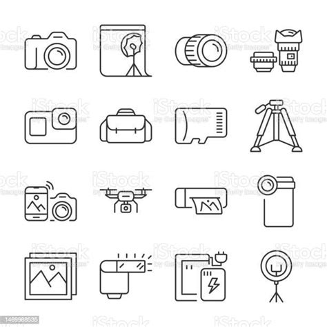 카메라 및 액세서리 아이콘을 설정합니다 사진 스튜디오 선형 아이콘 컬렉션 사진 장비 전문 스튜디오 사진 비디오 녹화를위한 액세서리 편집 가능한 획이 있는 선 그래픽 프린트에