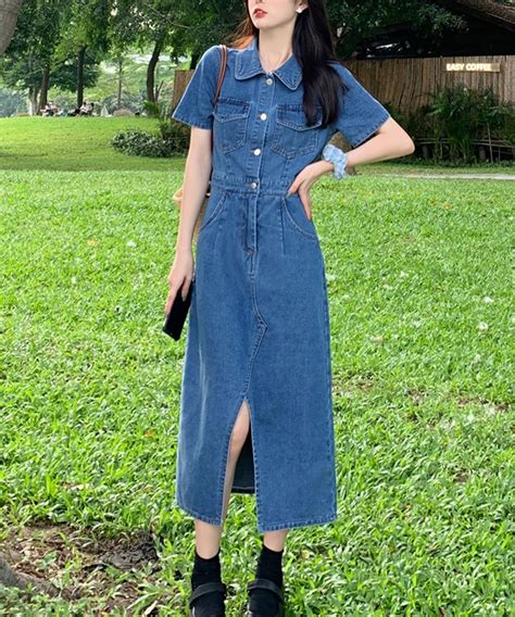 ~4xl빅사이즈 원피스 셔츠 카라 앞포켓 하이웨스트 앞트임 반팔 데님 롱 원피스 청 긴원피스 봄 초여름 입기편한 데일리
