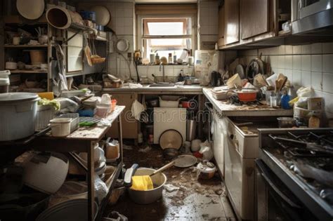 Very Messy Kitchen Interior Unwashed Dishes Generative Ai Stock