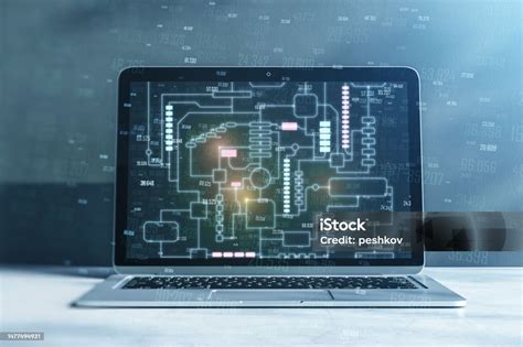 콘크리트 벽 배경에 창의적인 기술 빅 데이터 홀로그램이 있는 데스크탑의 노트북을 닫습니다 기술 미래 Ai 정보 및 혁신 개념 3d 렌더링 0명에 대한 스톡 사진 및 기타